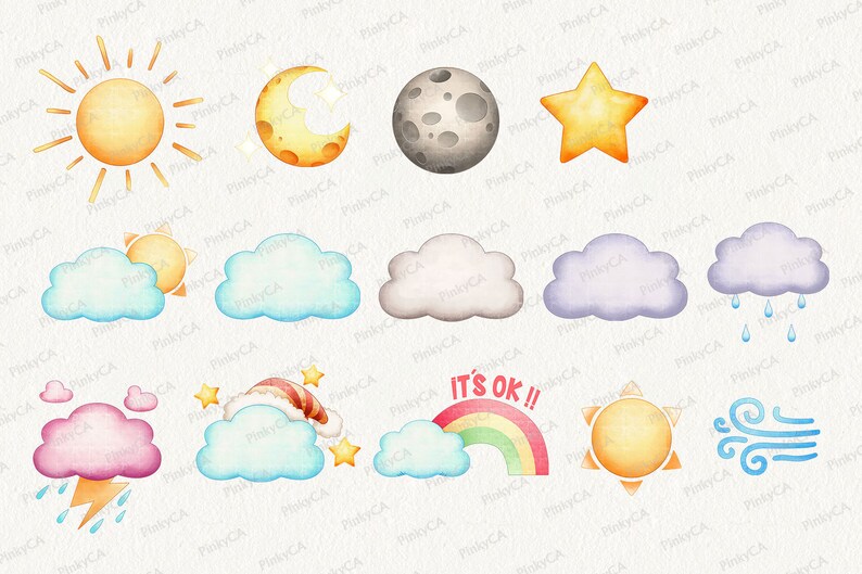 Watercolor Sun, Moon and Cloud Clipart, Yellow Sun PNG, Summer Clip Art ...