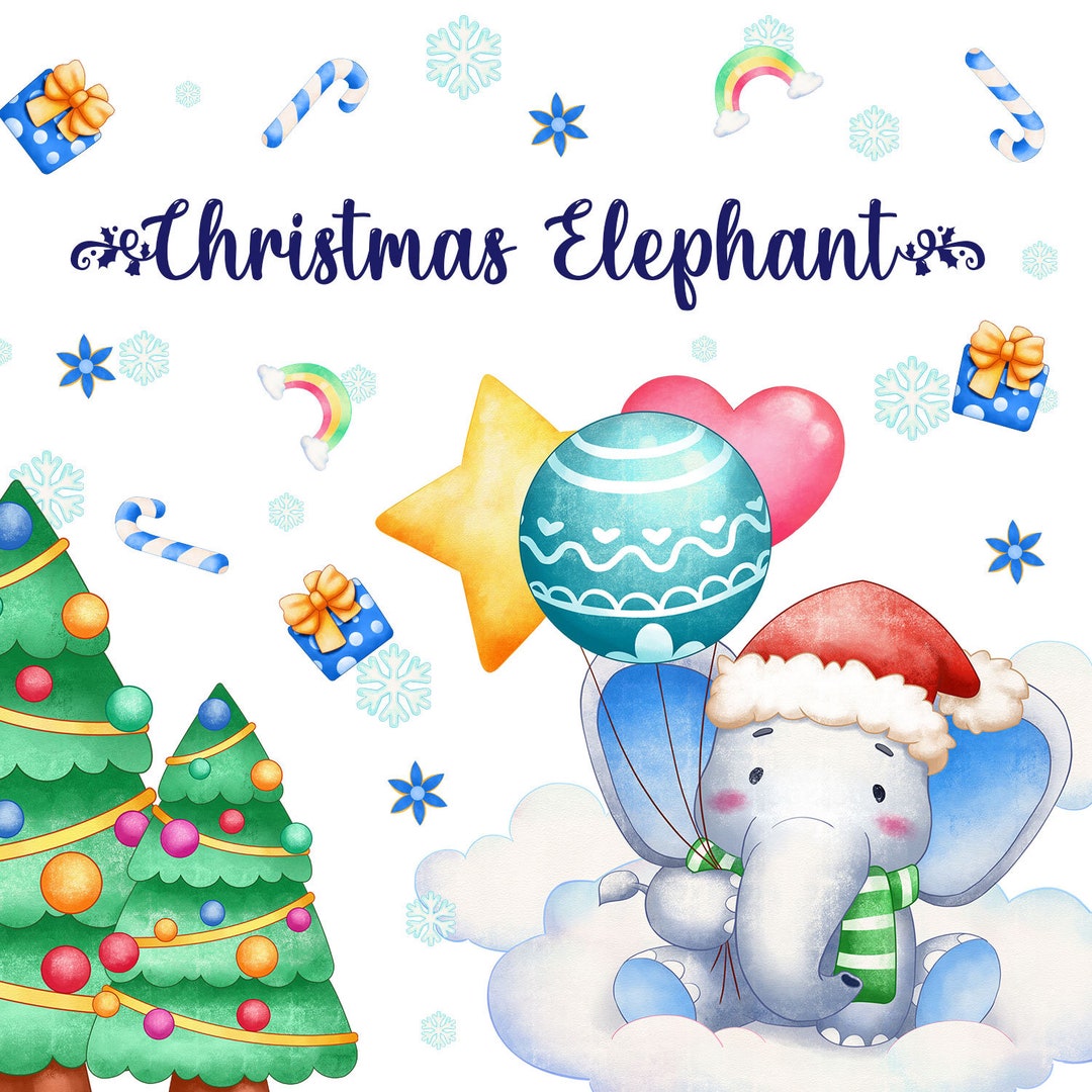 Baby Elephant Christmas Clipart PNG, Watercolor Blue Elephant Funny PNG ...