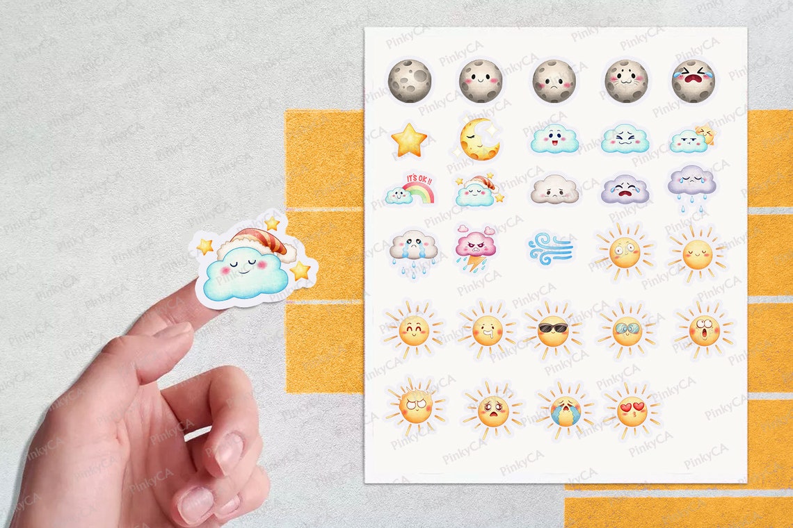 Sun Moon and Cloud Emotion Clipart Funny Clipart Watercolor - Etsy