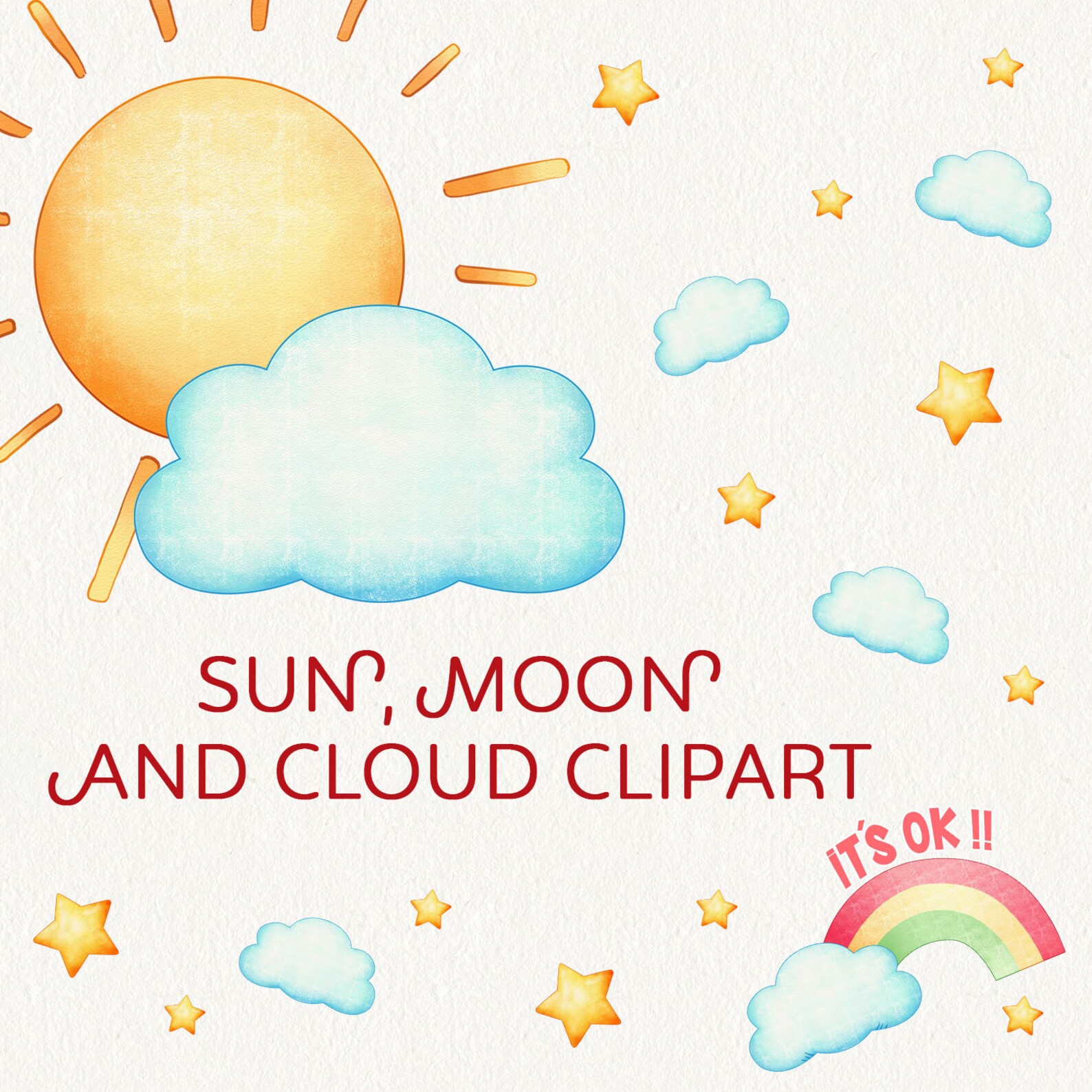 Watercolor Sun, Moon and Cloud Clipart, Yellow Sun PNG, Summer Clip Art ...