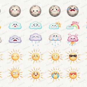 Sun Moon and Cloud Emotion Clipart Funny Clipart Watercolor - Etsy