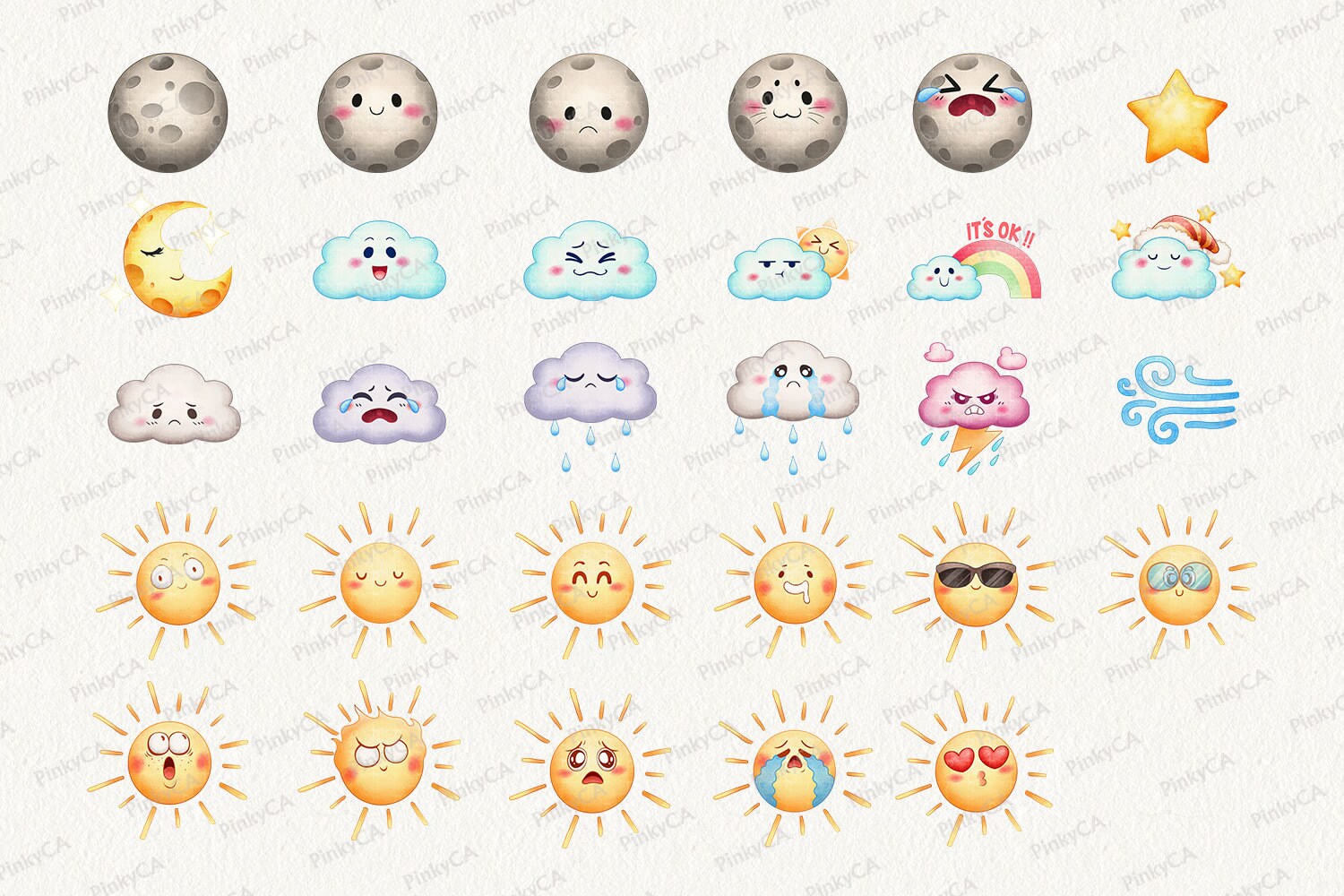 Sun Moon and Cloud Emotion Clipart Funny Clipart Watercolor - Etsy