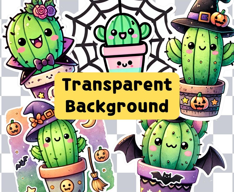 24 Halloween Cactus Kawaii Clipart | Soft Pastel Watercolor Style Pngs ...