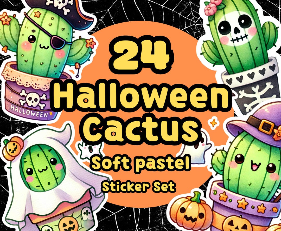 24 Halloween Cactus Kawaii Clipart | Soft Pastel Watercolor Style Pngs ...