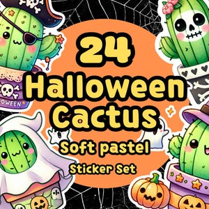 24 Halloween Cactus Kawaii Clipart | Soft Pastel Watercolor Style Pngs ...