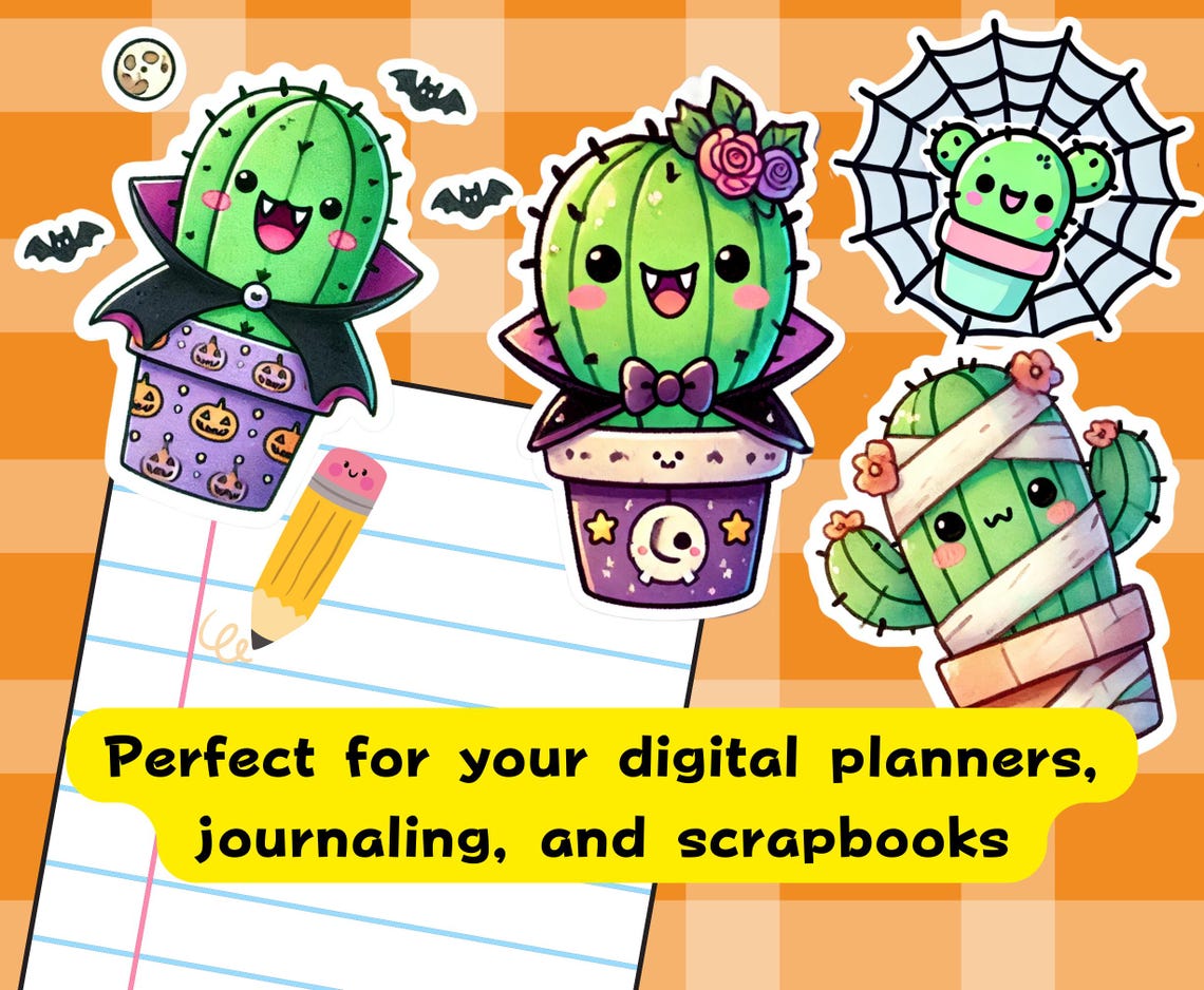 24 Halloween Cactus Kawaii Clipart | Soft Pastel Watercolor Style Pngs ...