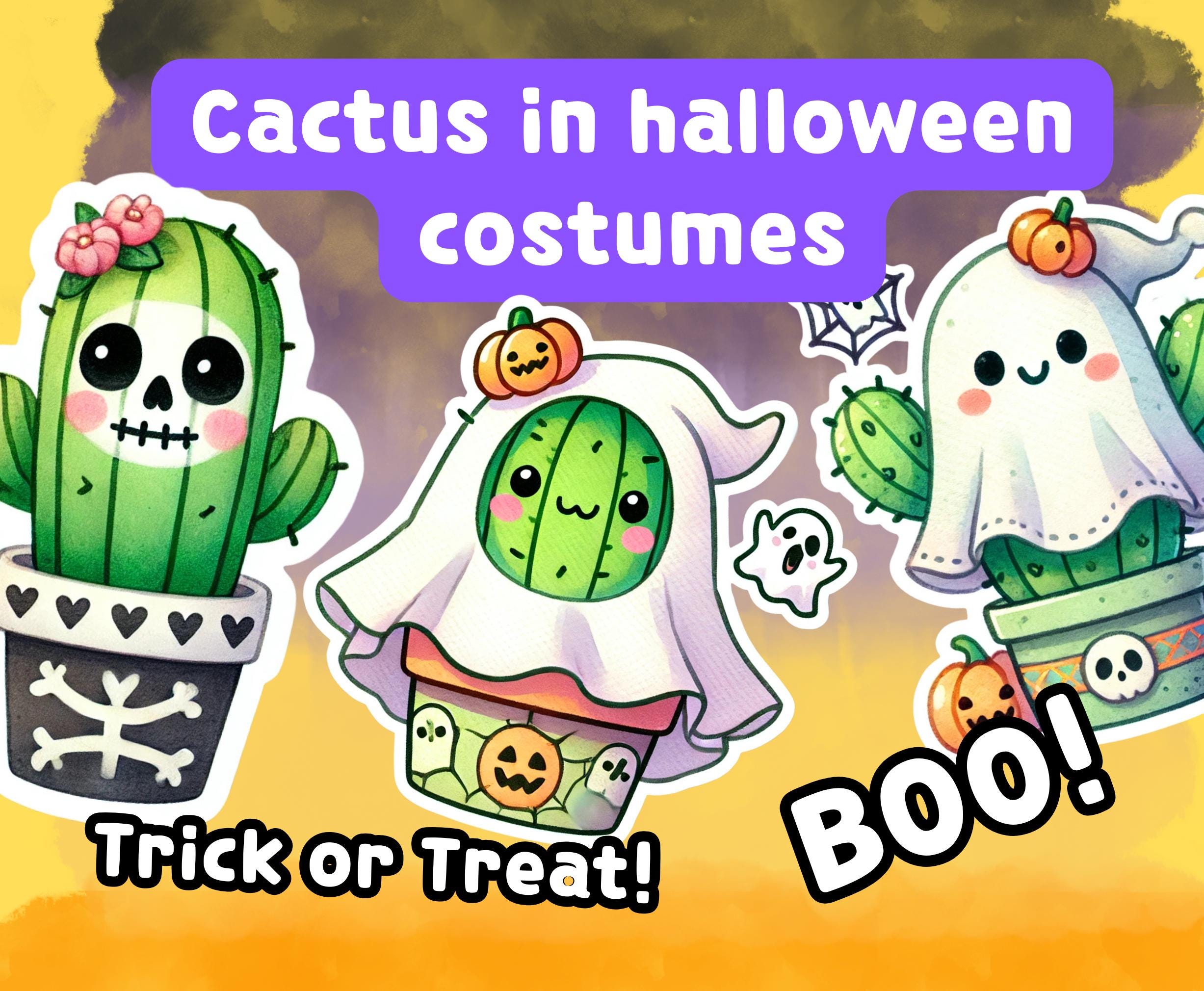 24 Halloween Cactus Kawaii Clipart | Soft Pastel Watercolor Style Pngs ...
