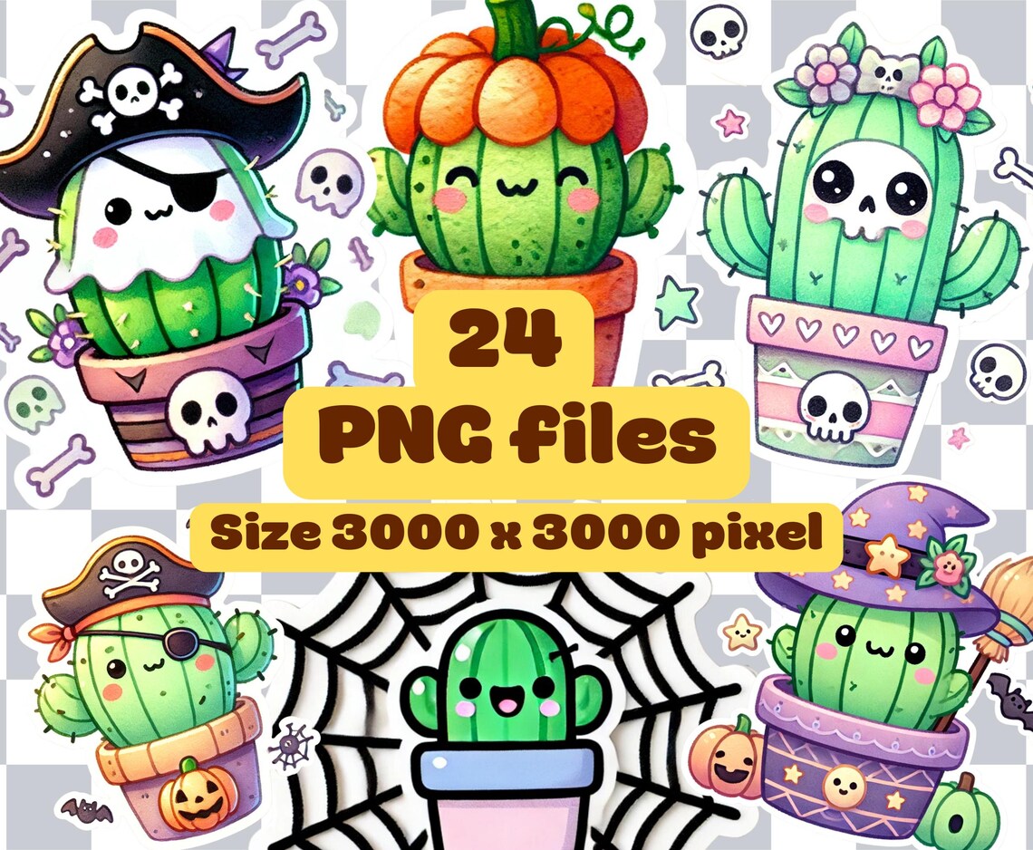 24 Halloween Cactus Kawaii Clipart | Soft Pastel Watercolor Style Pngs ...