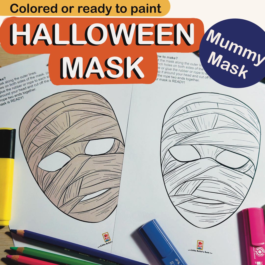Paper Mummy Mask Coloring Printable for Kids, Halloween Party DIY ...