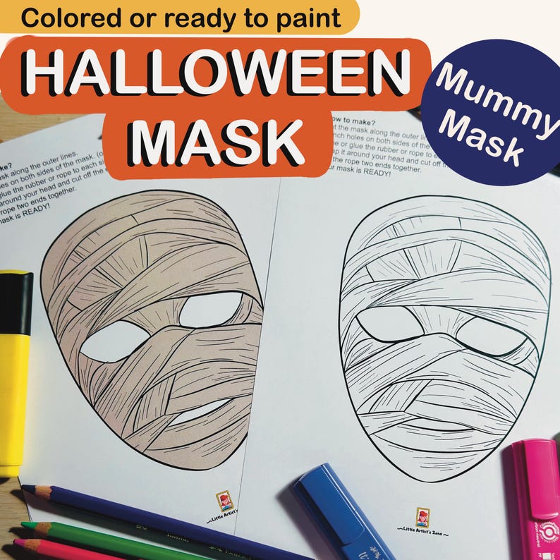 Paper Mummy Mask Coloring Printable for Kids, Halloween Party DIY ...