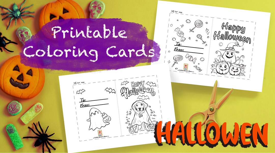 Halloween Coloring Cards Printable, Coloring Cards for Kids, Halloween ...