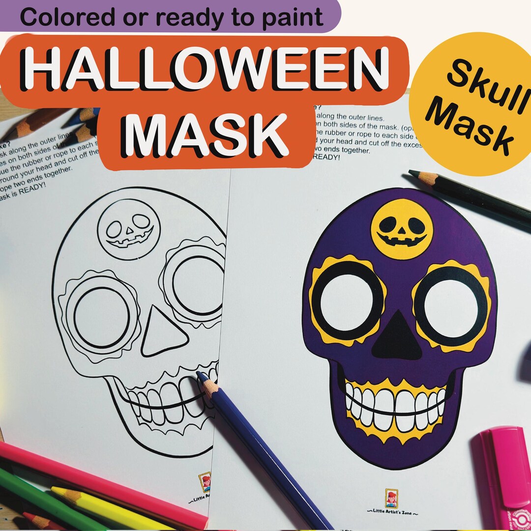 Paper Skull Mask Coloring Printable for Kids, Halloween Party DIY ...