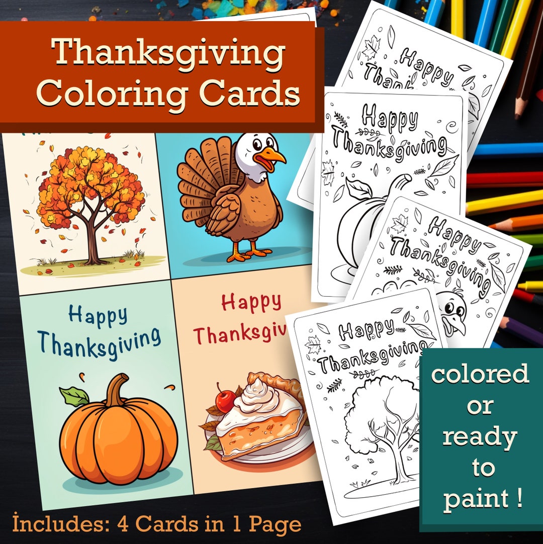 Thanksgiving Coloring Cards Set for Kids Digital Download Thanksgiving ...