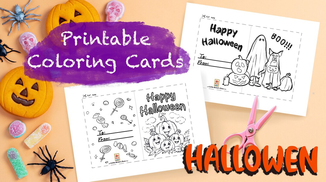 Halloween Coloring Cards Printable, Coloring Cards for Kids, Halloween ...