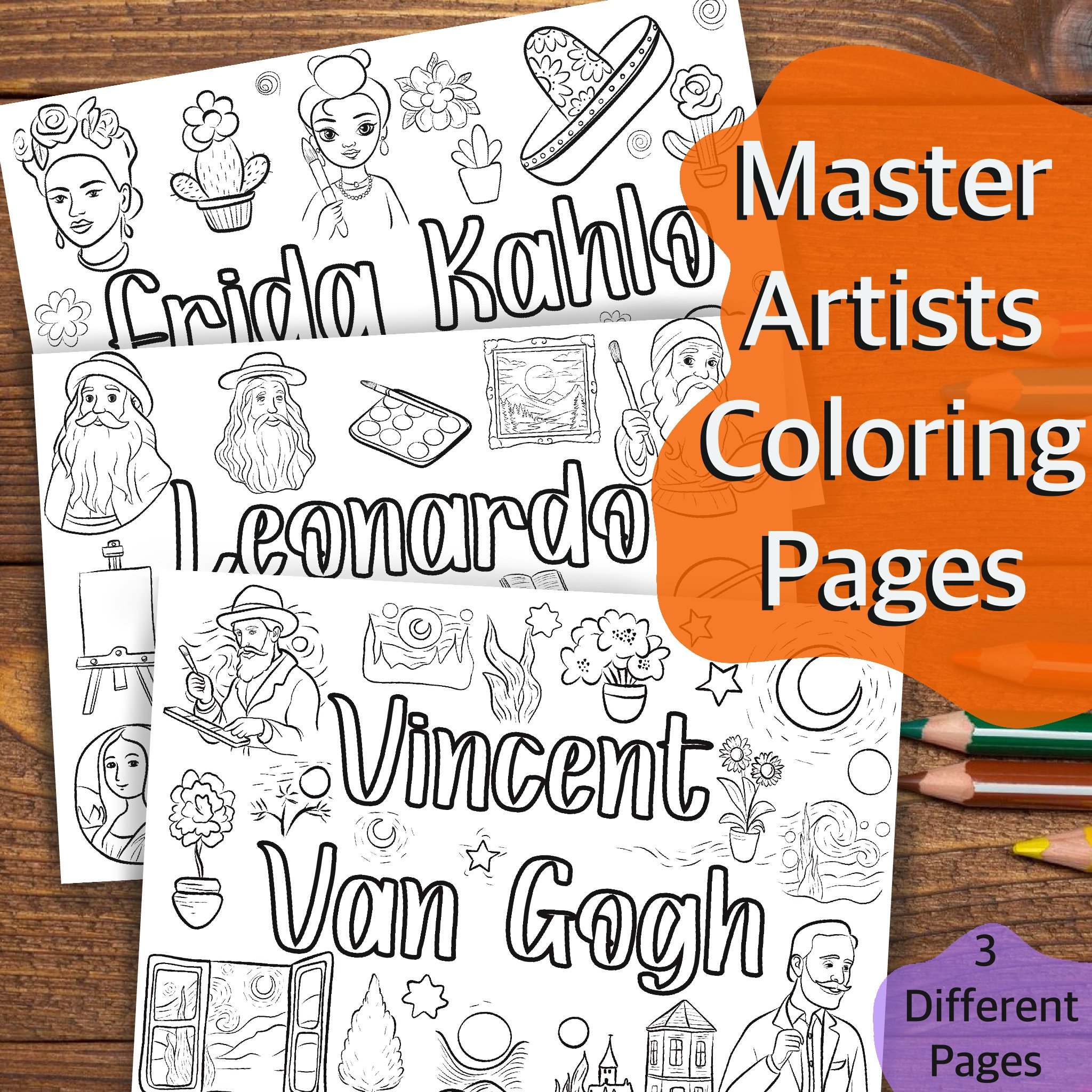 Master Artist Coloring Pages, Vincent Van Gogh, Frida Kahlo, Leonardo ...