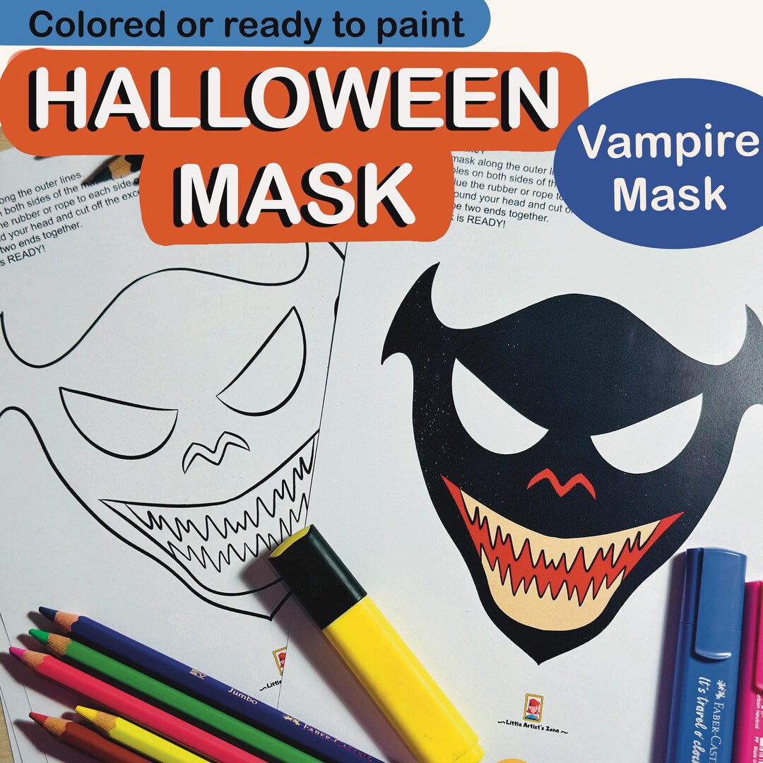 Paper Vampire Mask Coloring Printable for Kids, Halloween Party DIY ...