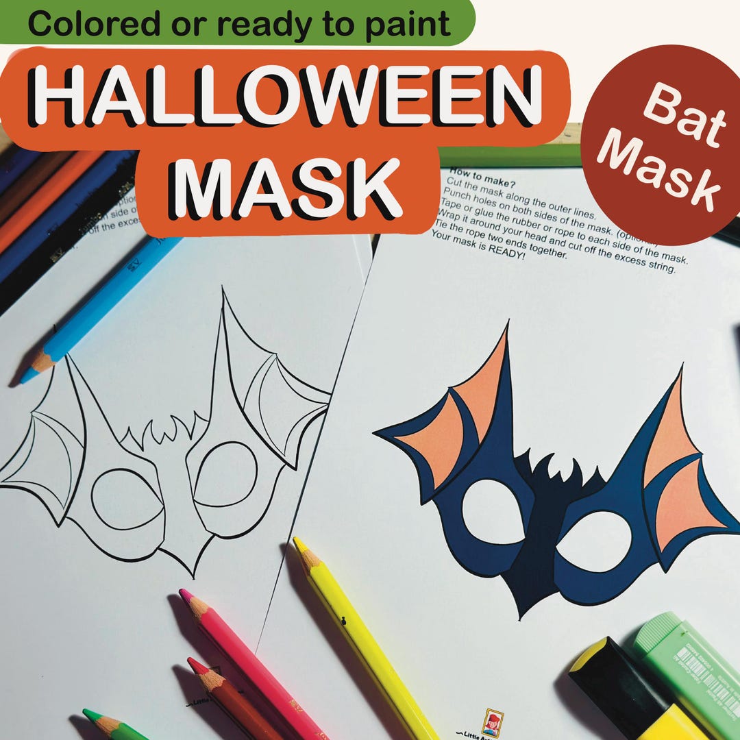 Paper Bat Mask Coloring Printable for Kids, Halloween Party DIY ...