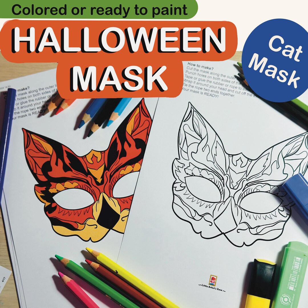 Paper Cat Mask Coloring Printable for Kids, Halloween Party DIY ...