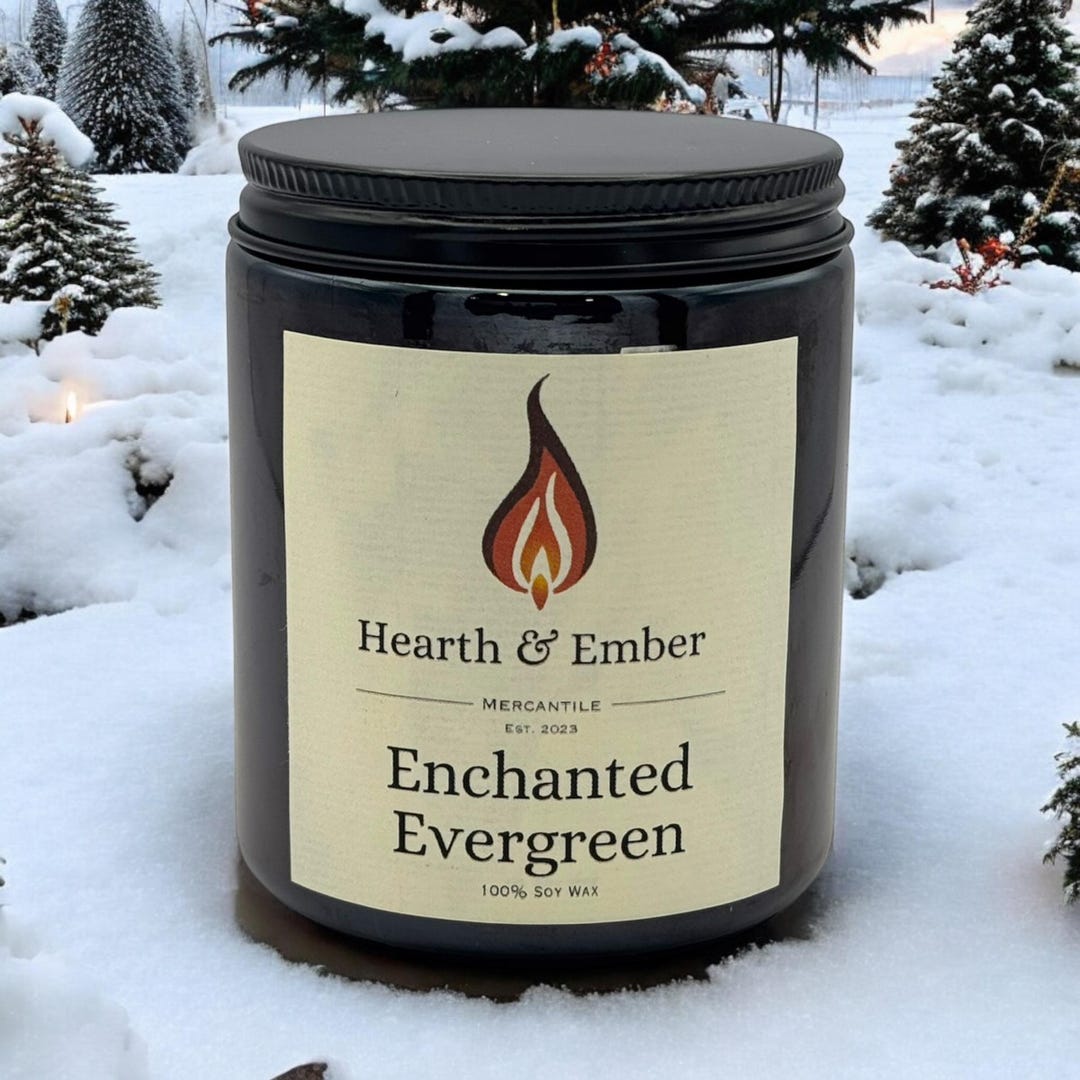 Enchanted Evergreen - Hand-poured 8oz Soy Wax Candle - Amber Glass Jar ...