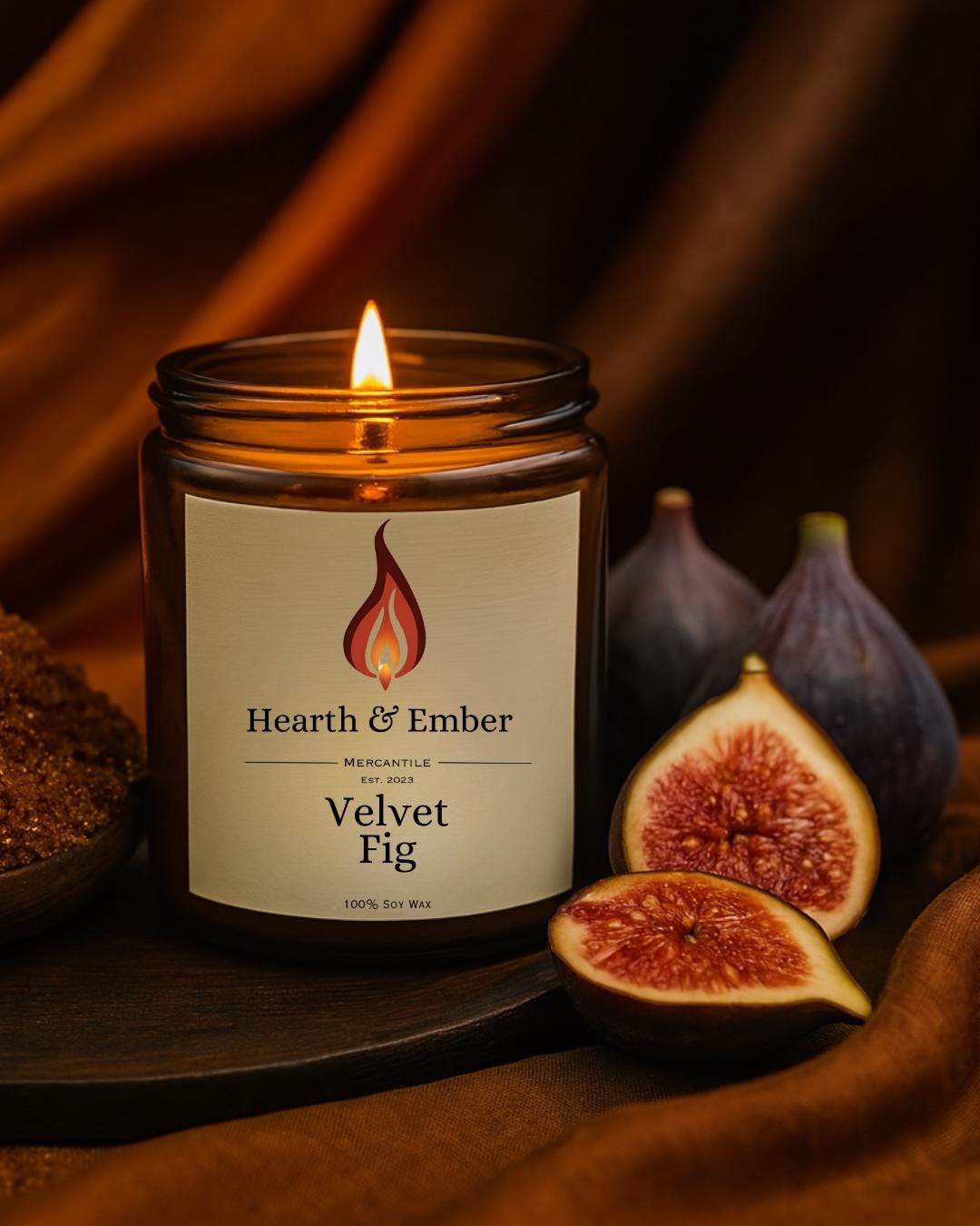 Velvet Fig - Hand-poured 8oz Soy Wax Candle - Amber Glass Jar With ...