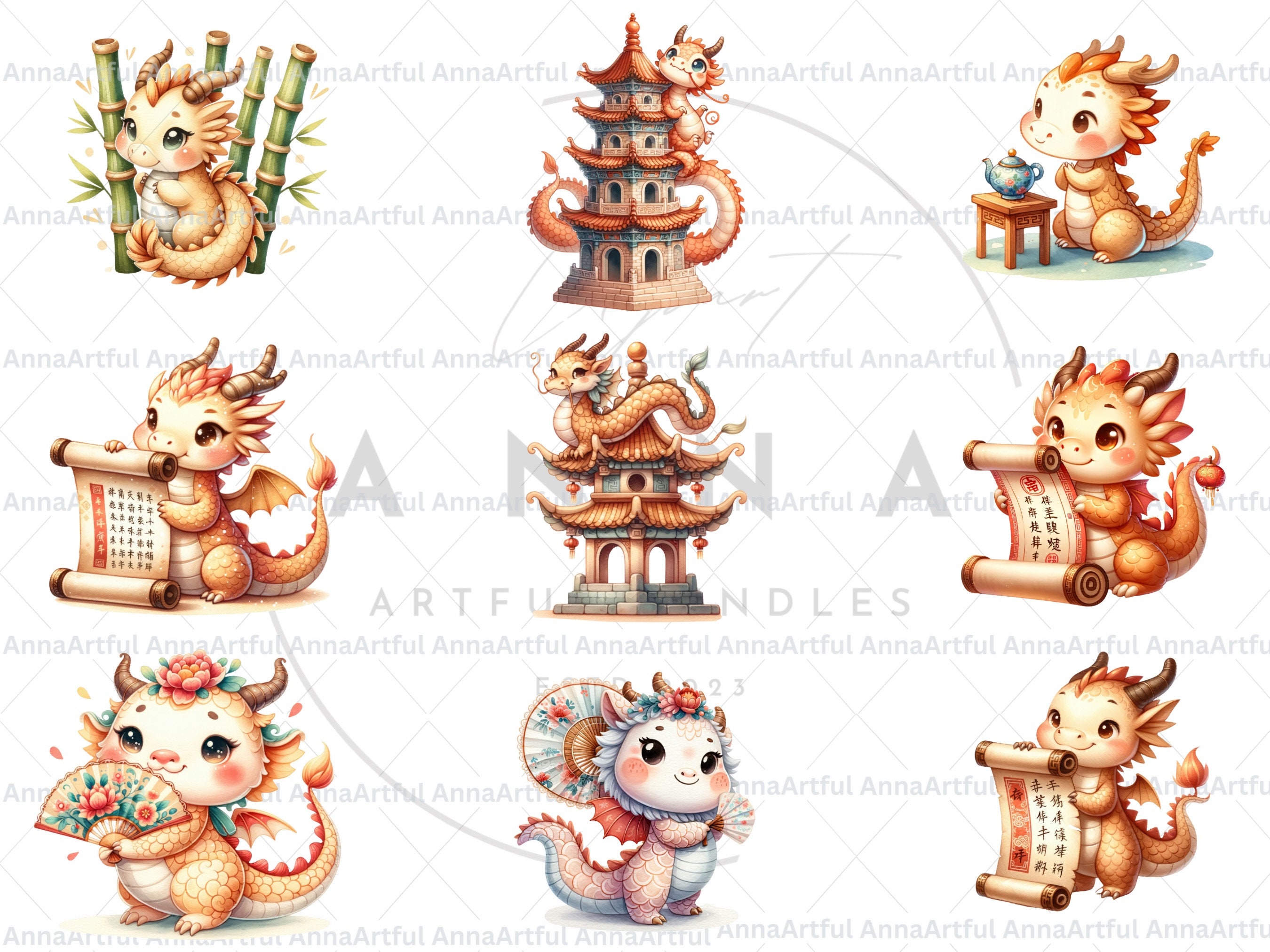 27 Chinese New Year Dragon Clipart Set, Watercolor Lunar New Year ...