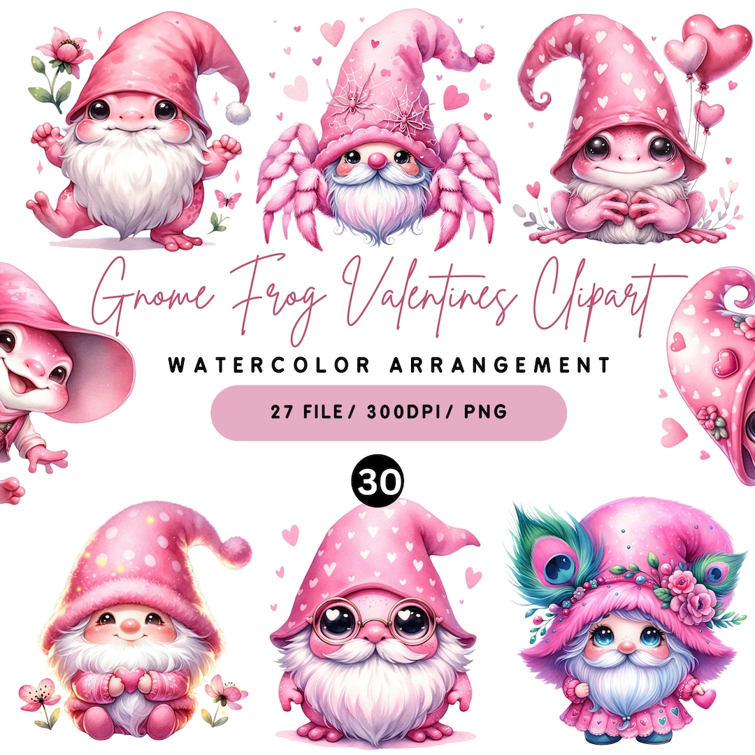 27 Cute Gnome Frog Valentine Clipart Pink Watercolor, Romantic ...