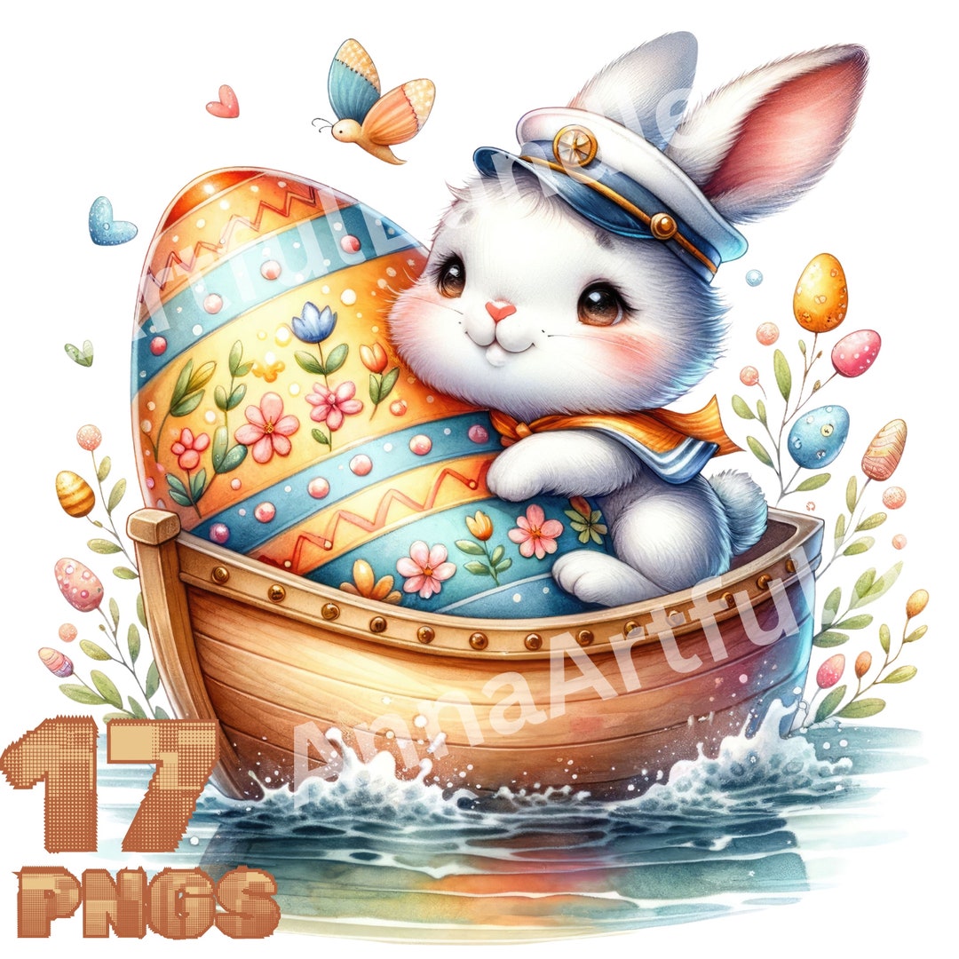 17 Nautical Bunny Egg Sailboat Clipart Watercolor Easter Rabbit Sailing ...