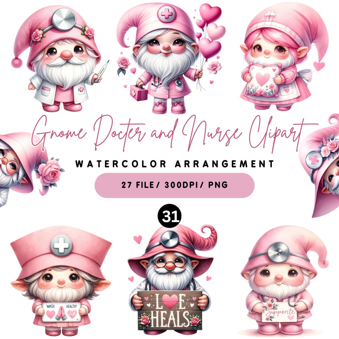 27 Valentine's Gnome Doctor & Nurse Clipart Pink Watercolor, Cute ...
