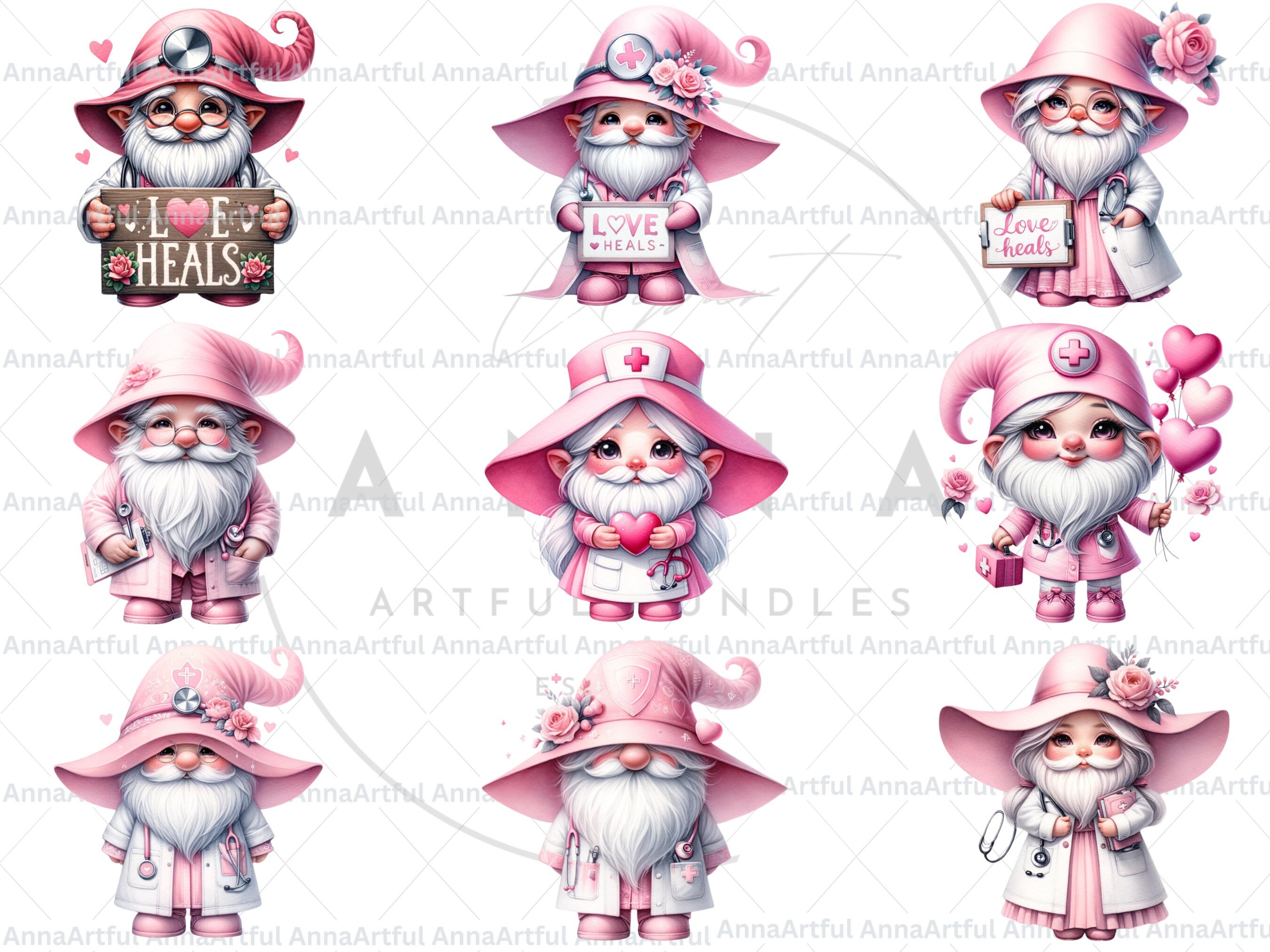 27 Valentine's Gnome Doctor & Nurse Clipart Pink Watercolor, Cute ...