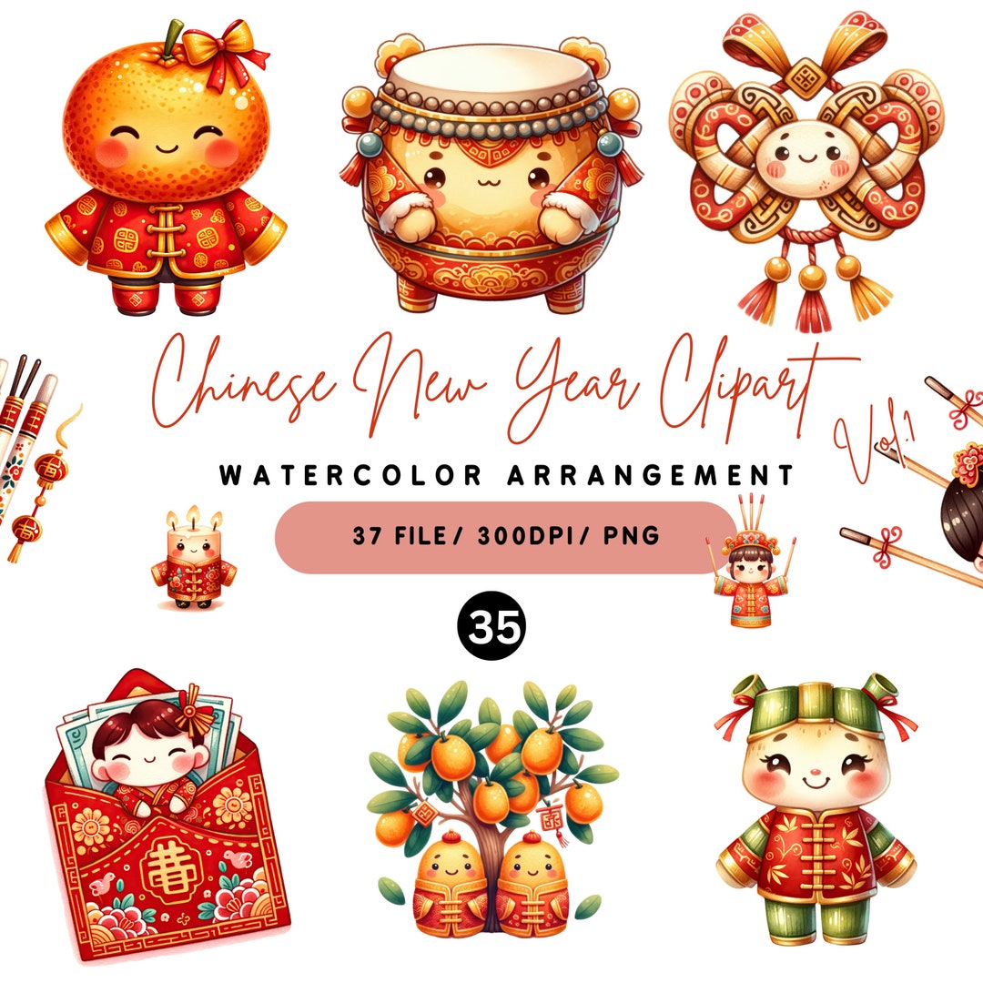 37 Cute Chinese New Year Clipart, Watercolor CNY Characters, Festive ...