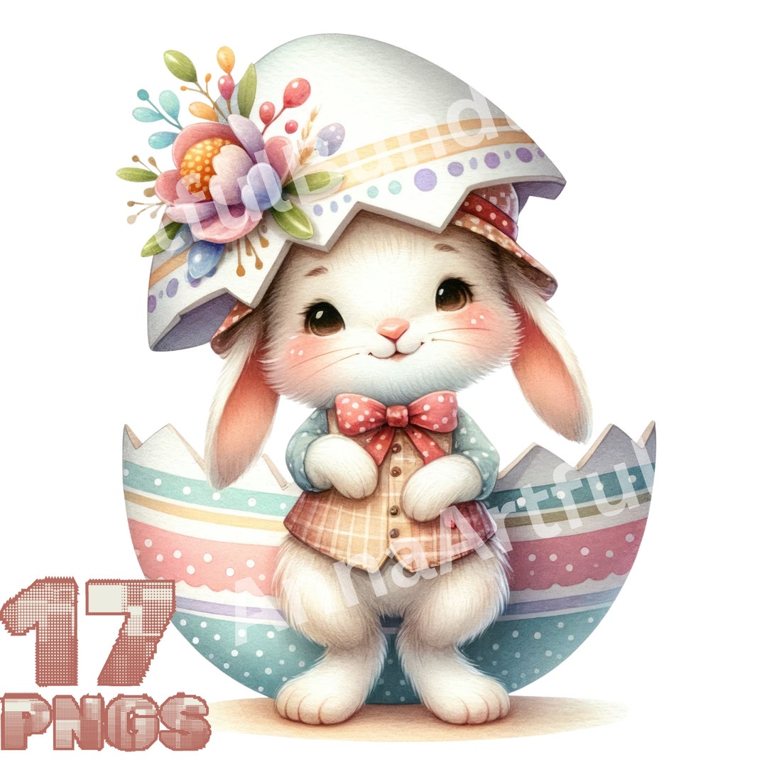 17 Playful Easter Bunny With Egg Hat Clipart Whimsical Watercolor ...