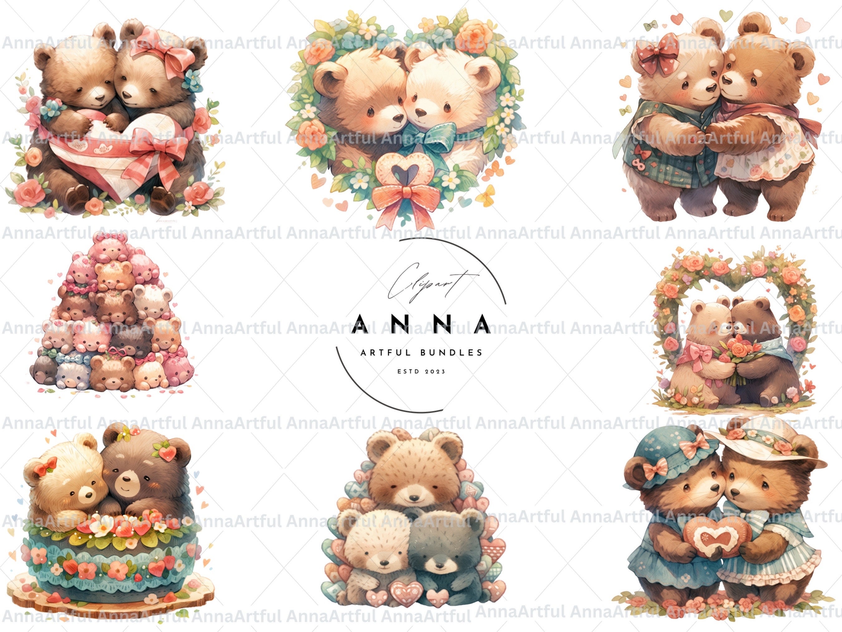 27 Teddy Bears in Love Watercolor Clipart, Romantic Bears, Valentine's ...