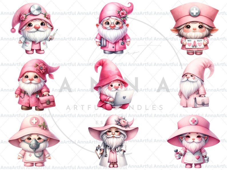 27 Valentine's Gnome Doctor & Nurse Clipart Pink Watercolor, Cute ...