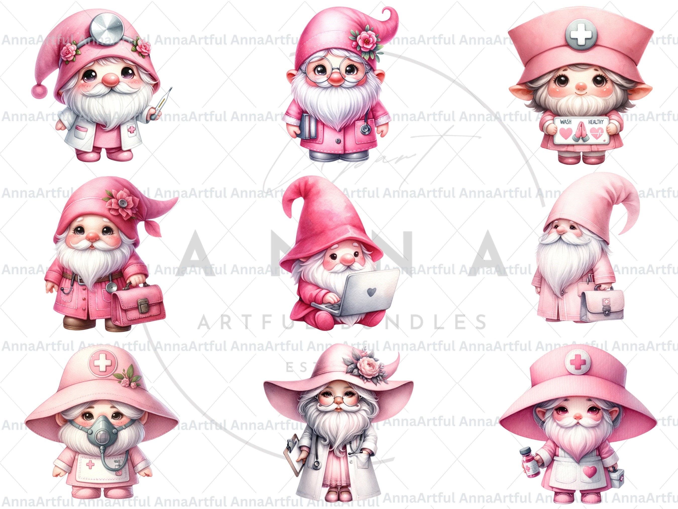 27 Valentine's Gnome Doctor & Nurse Clipart Pink Watercolor, Cute ...