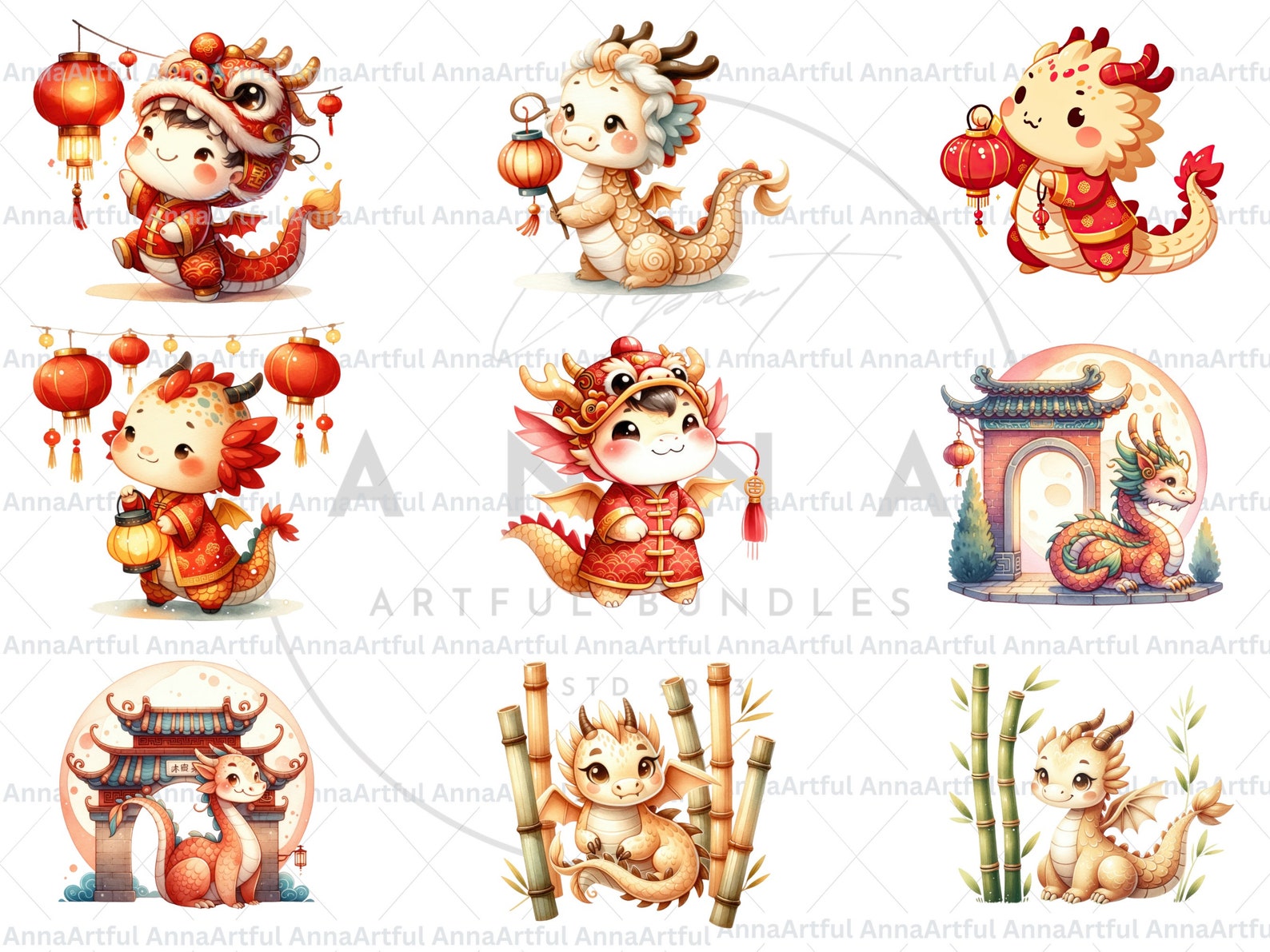 27 Chinese New Year Dragon Clipart Set, Watercolor Lunar New Year ...
