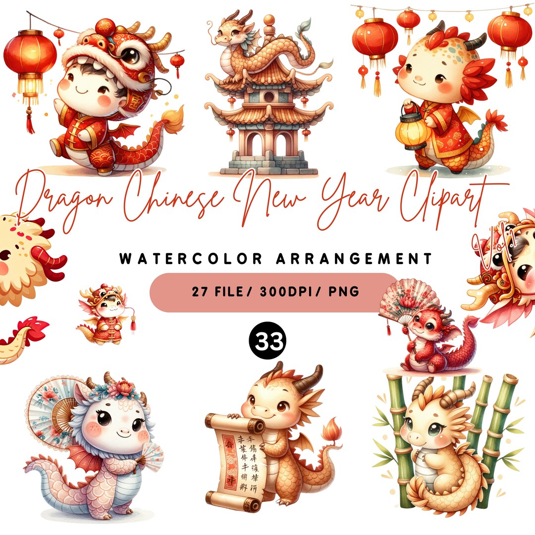 27 Chinese New Year Dragon Clipart Set, Watercolor Lunar New Year ...