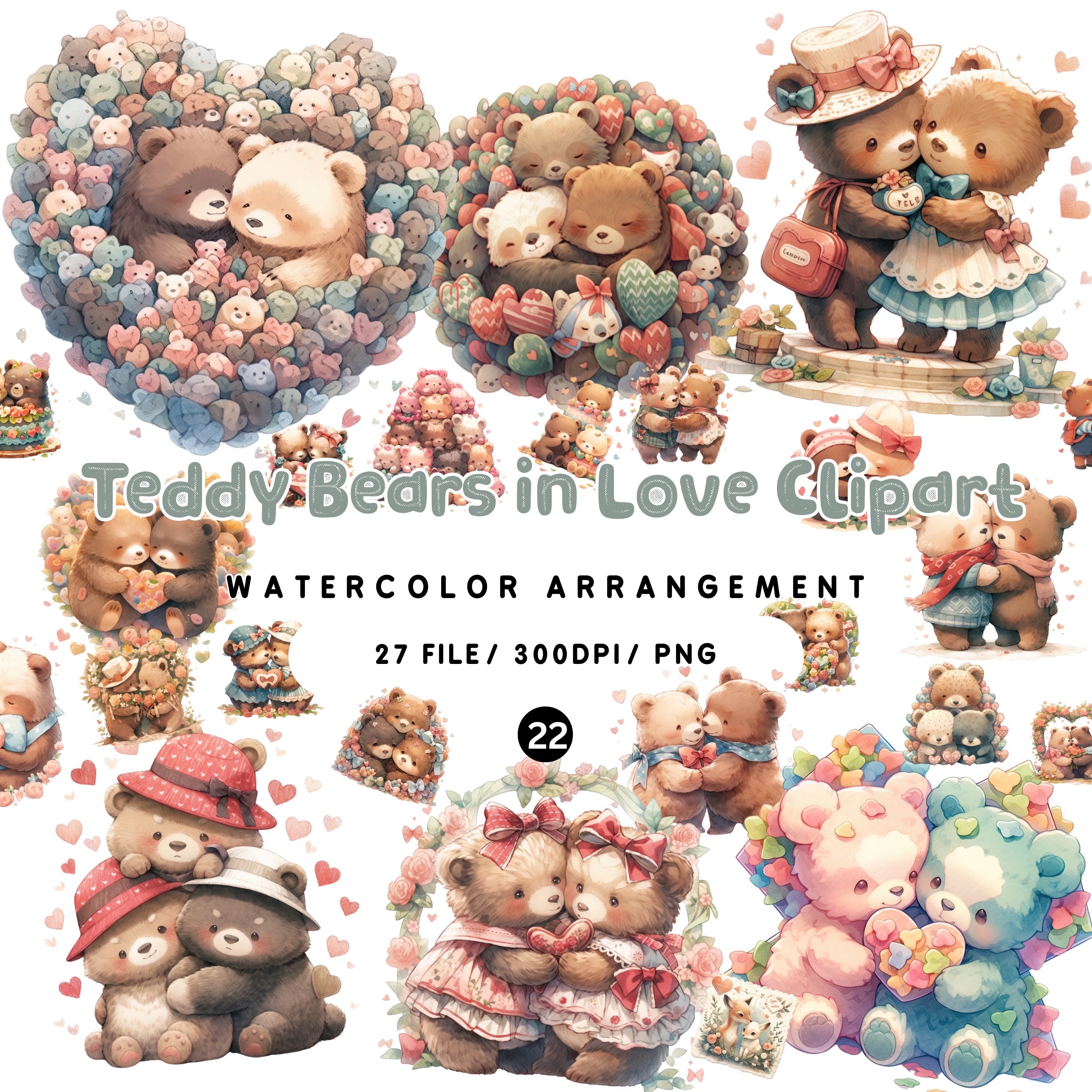 27 Teddy Bears in Love Watercolor Clipart, Romantic Bears, Valentine's ...