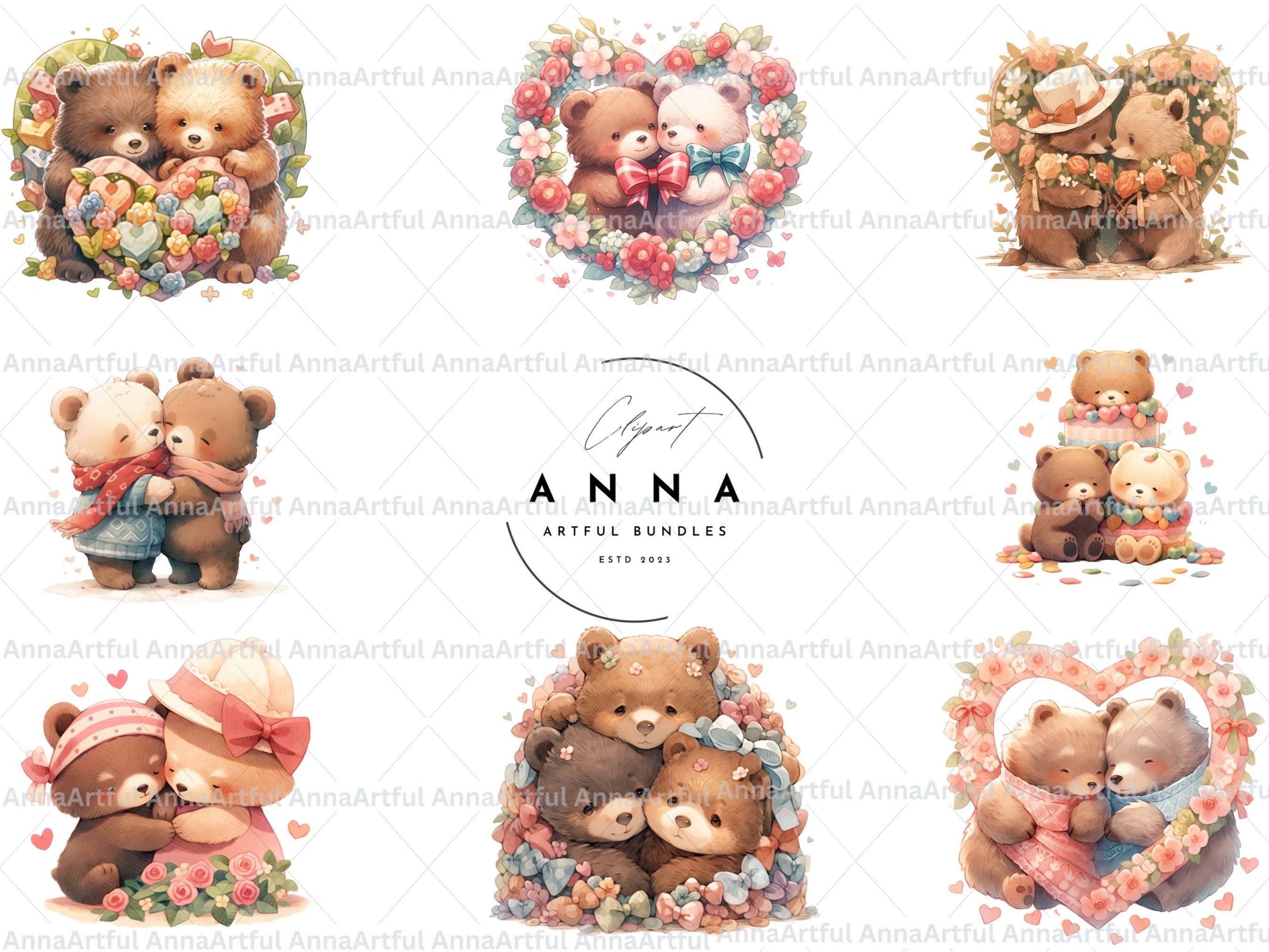 27 Teddy Bears in Love Watercolor Clipart, Romantic Bears, Valentine's ...