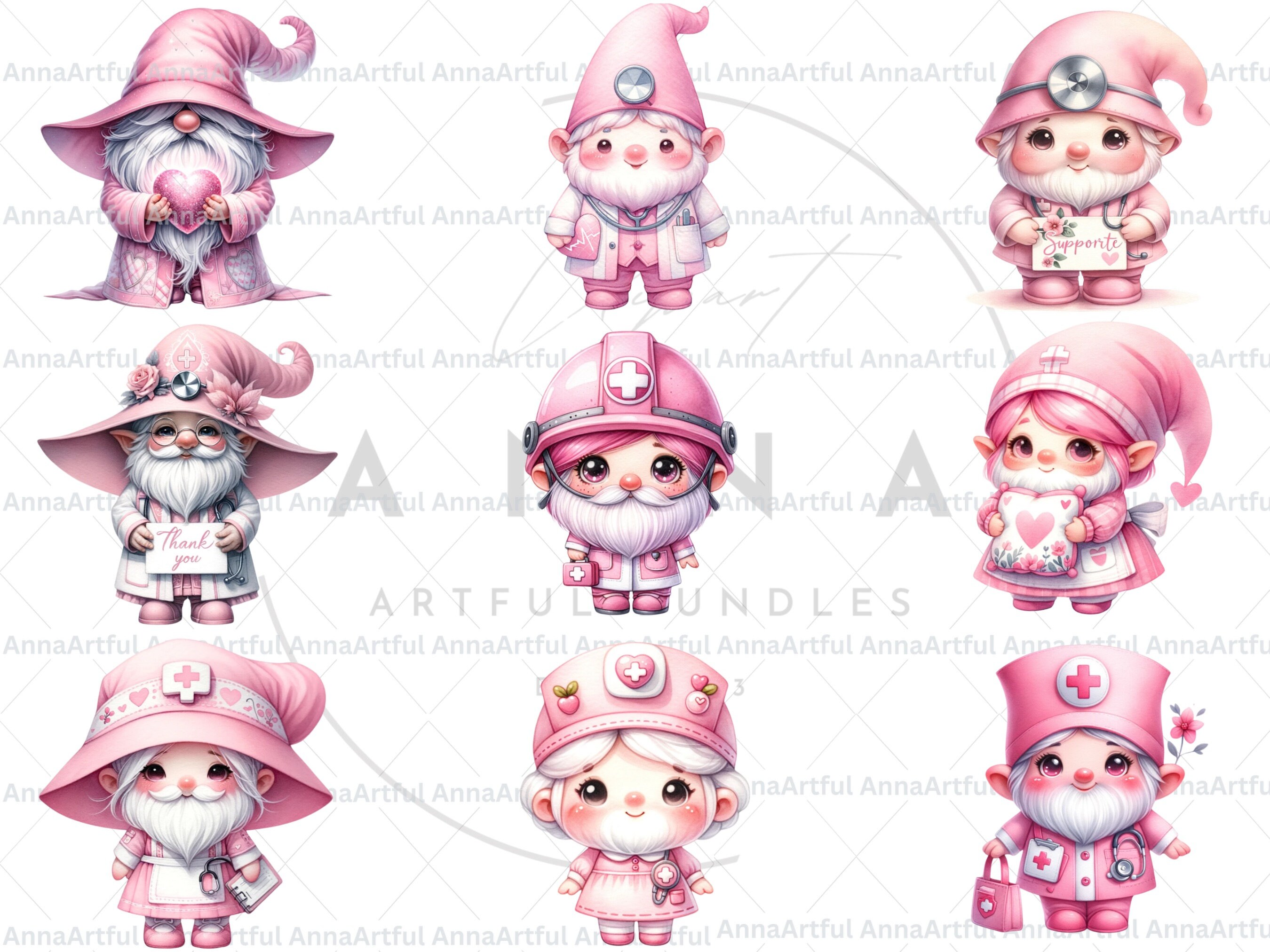27 Valentine's Gnome Doctor & Nurse Clipart Pink Watercolor, Cute ...