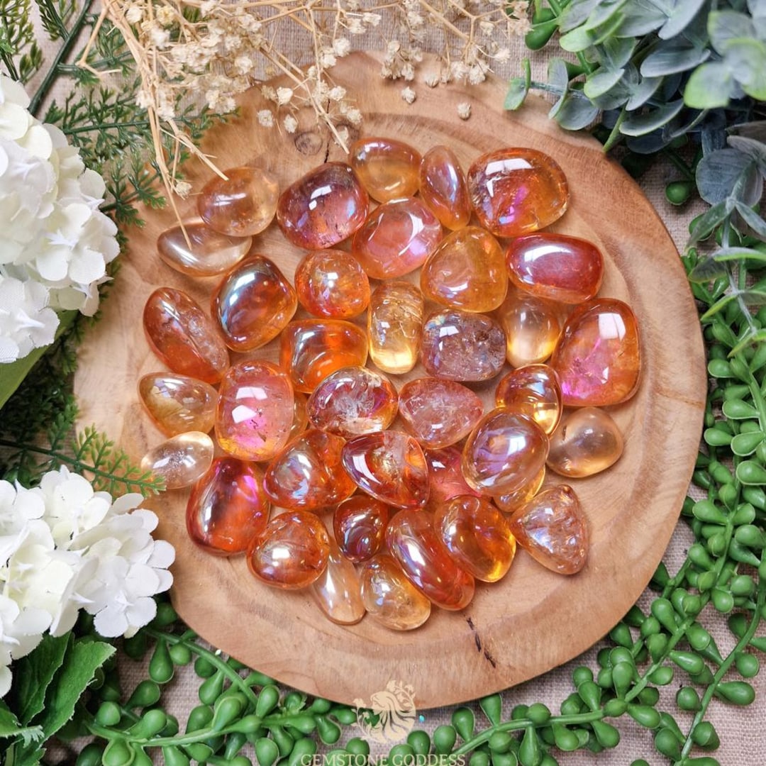 Tangerine Aura Quartz Tumbled Stone, Crystal Gemstone Polished Natural ...