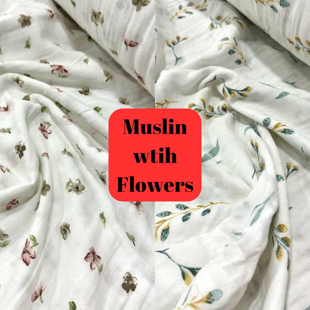 Floral Double Gauze Muslin Cotton Fabric by Half Yard, Powder Color ...