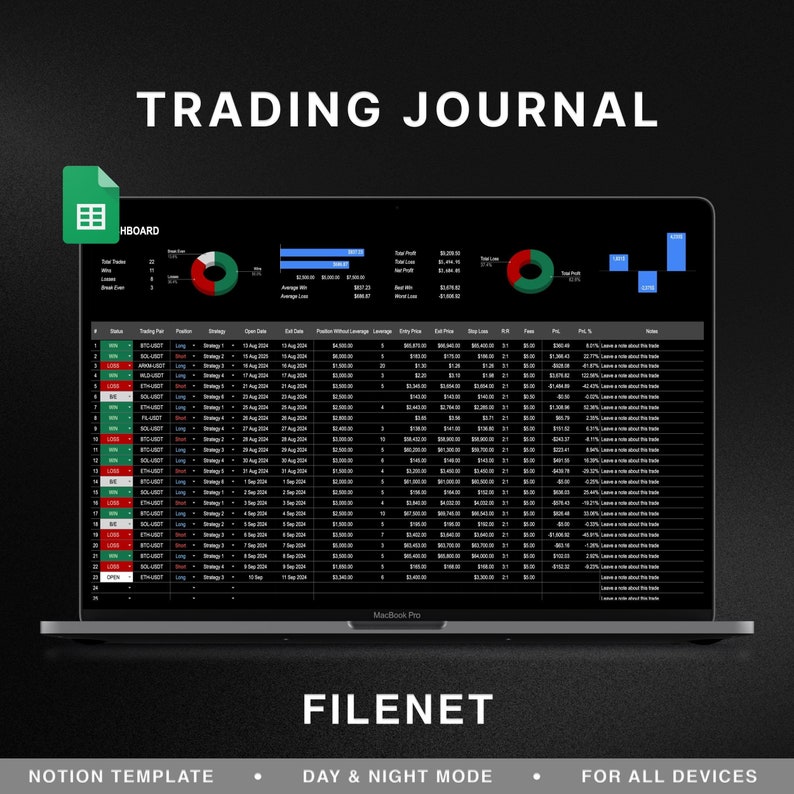 Google Sheets Trading Journal, Dark Mode Spreadsheet Trading, Crypto ...