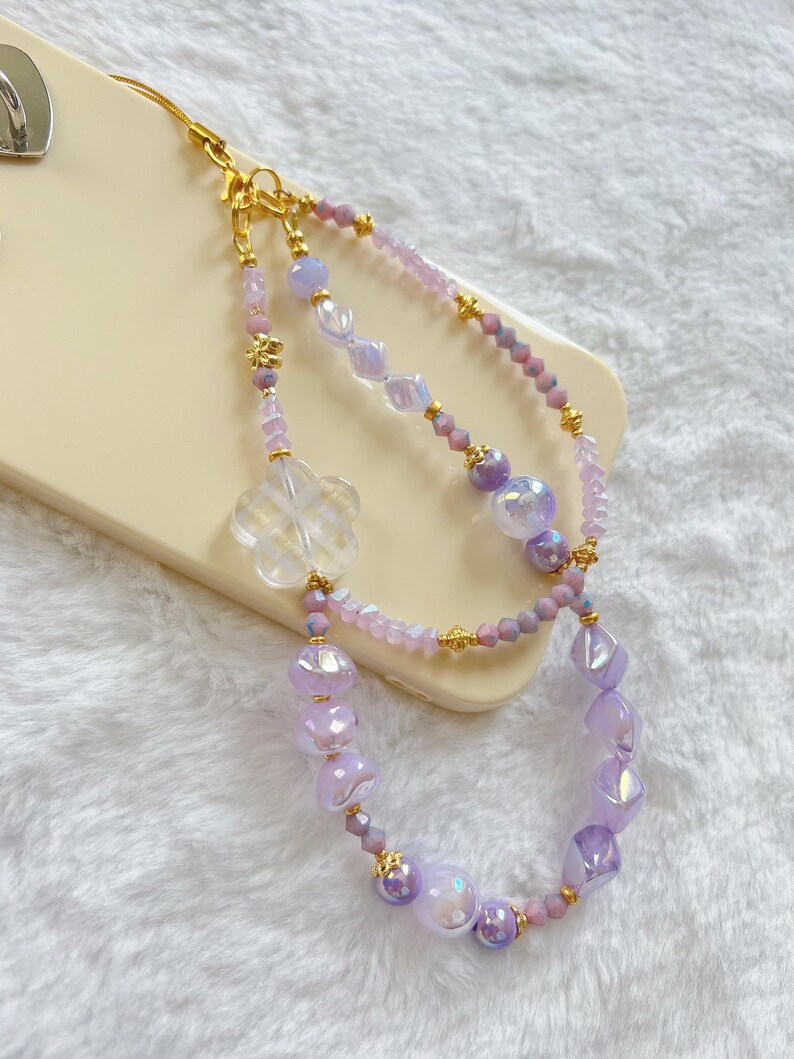 Amethyst Glow Beaded Phone Strap: Purple & Gold Phone Charm - Etsy
