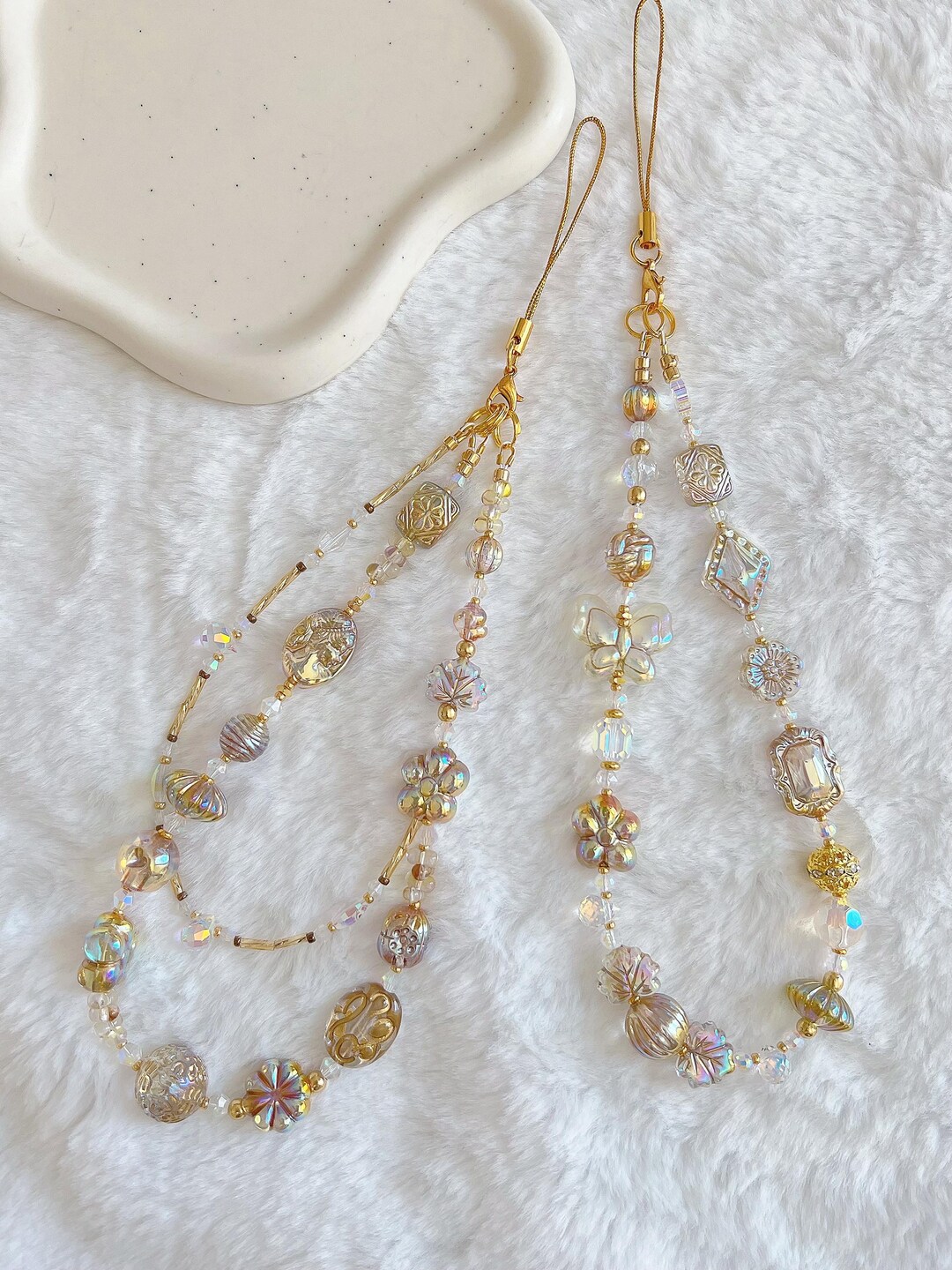 Ivory Glow Platinum & Gold 2.0 Beaded Phone Chain-premium Beaded Phone ...