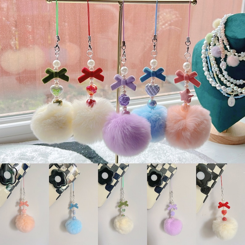 Butterfly Bow Fuzz Pearl Charm Phone Lanyard - Etsy
