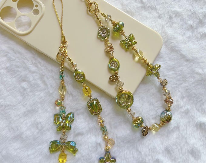 Green Butterfly Beaded Phone Charm: Floral Phone Lanyard, Camera ...