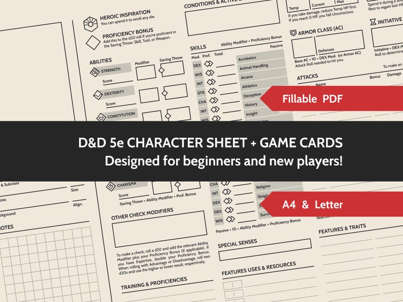 D&D 5e Character Sheet + Game Cards. Designed for Beginners and New ...