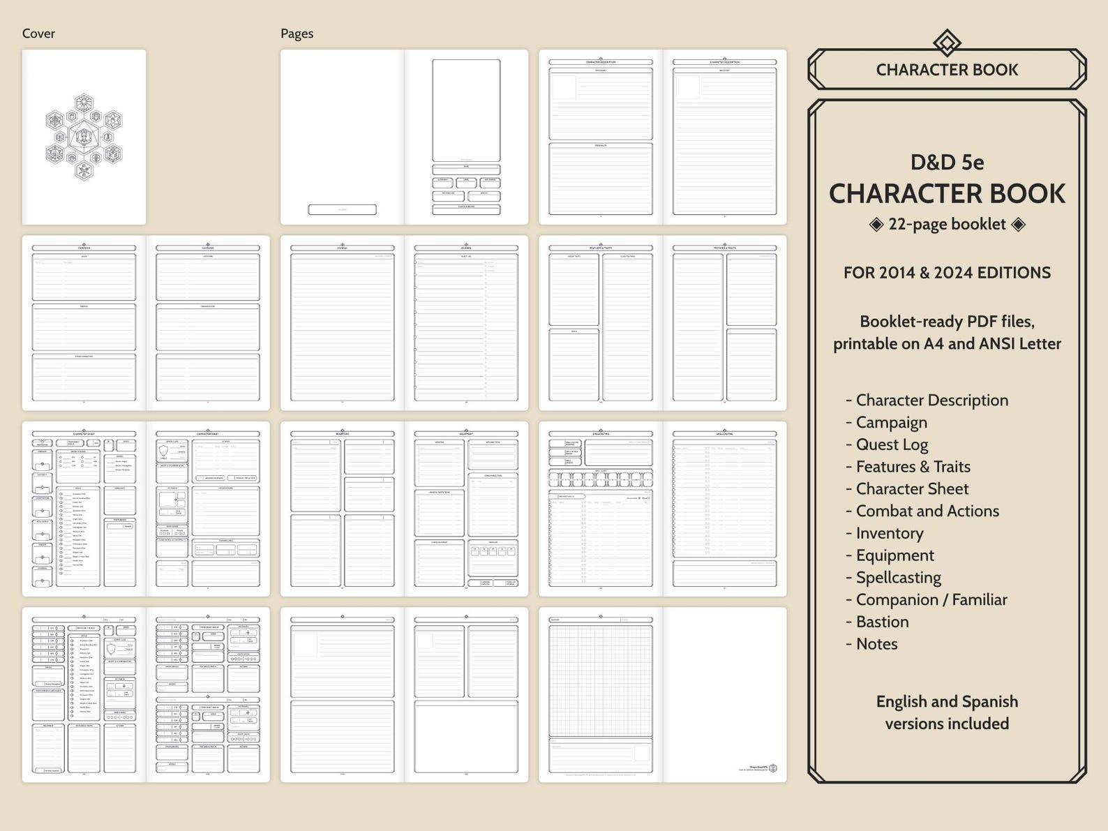 D&D 5e Character Book + Character Sheet (A5 and Half Letter Booklets ...