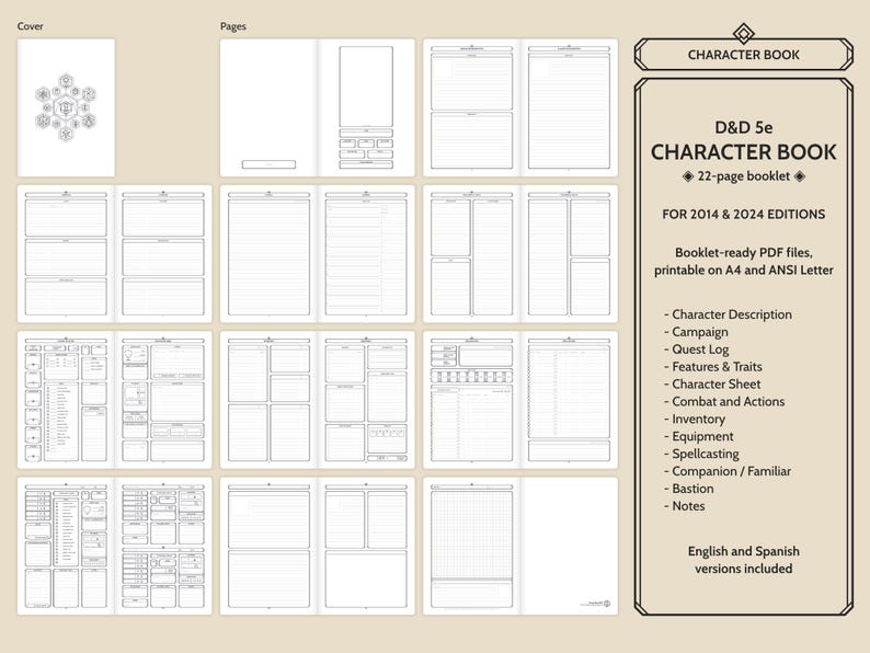 D&D 5e Character Book + Character Sheet (A5 and Half Letter Booklets ...