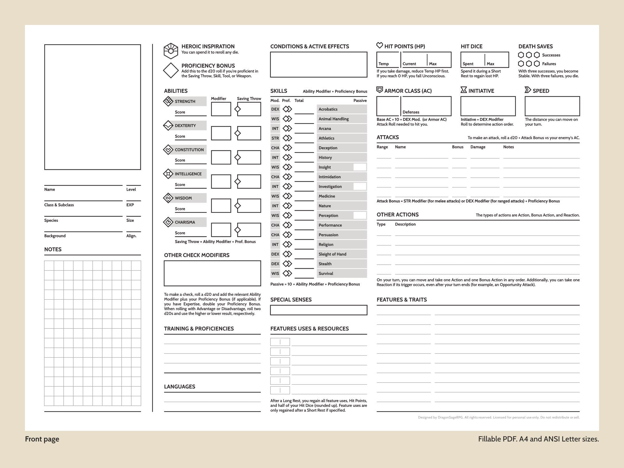 D&D 5e Character Sheet + Game Cards. Designed for Beginners and New ...